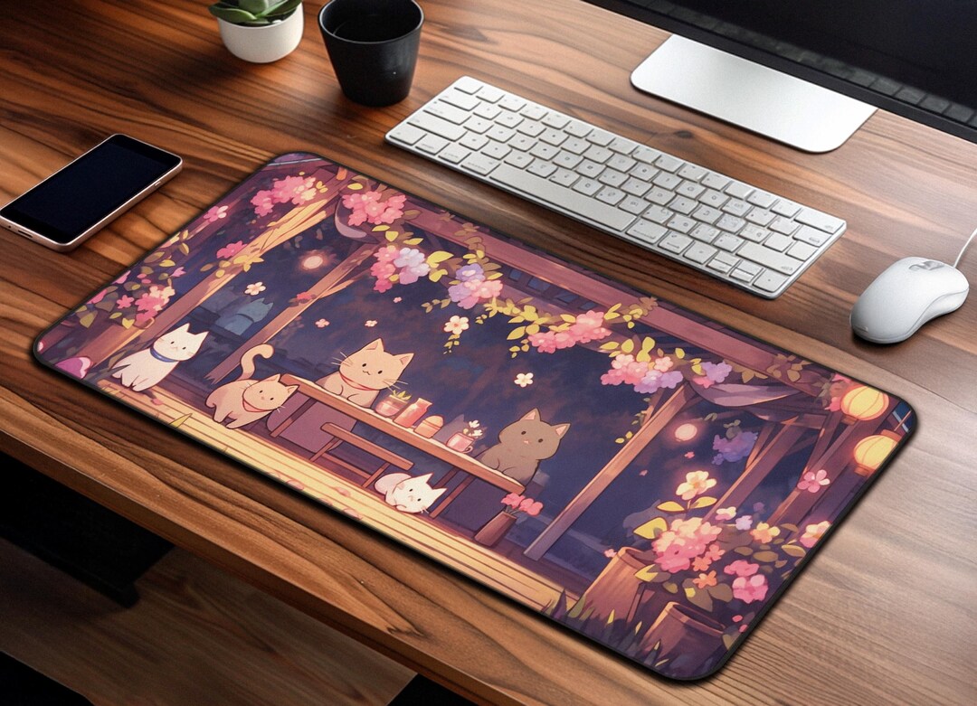 Kawaii Night Party Desk Mat, Cute Cat Mouse Pad With Dark Floral Garden ...