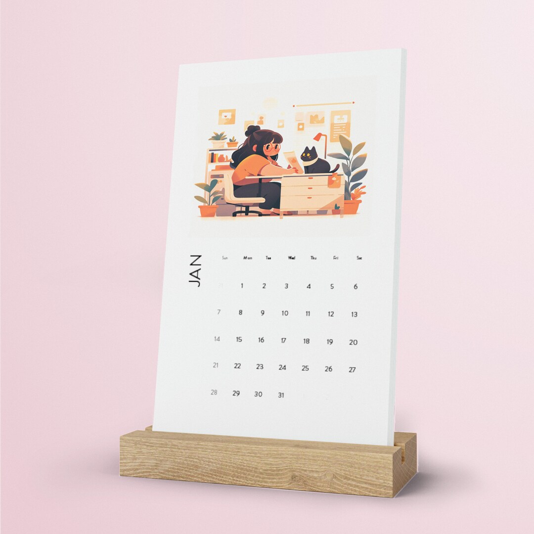 Kawaii Girl and Cat Vertical Desk Calendar 2024 Kawaii Desk - Etsy