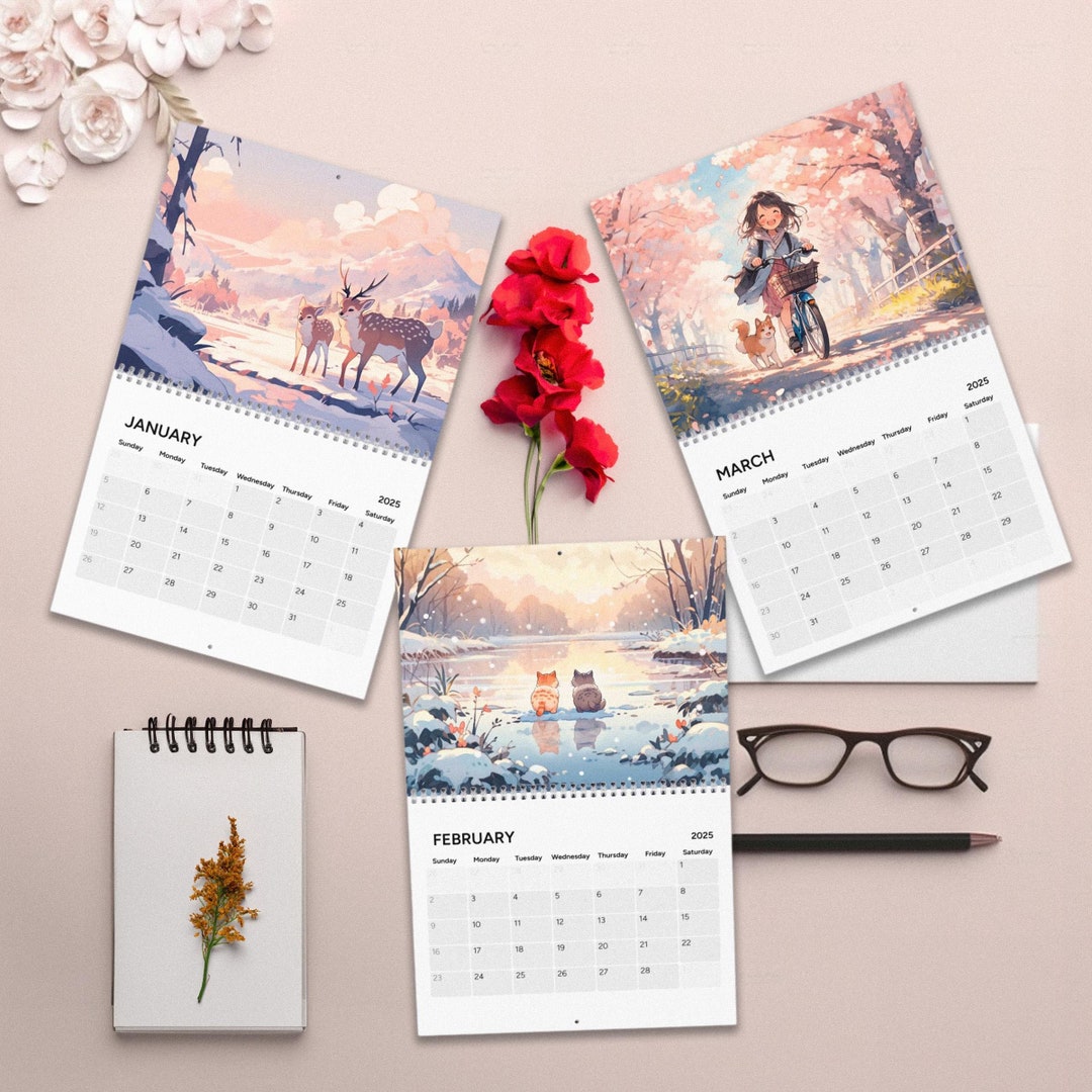 Kawaii Nature Scenes Calendar 2025, Kawaii Calendar 2025, Cute Wall ...