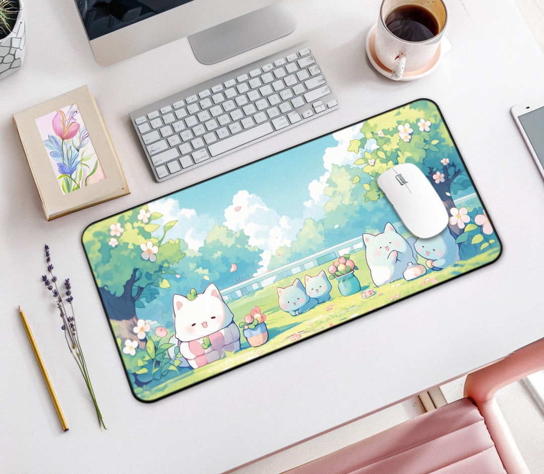 Kawaii Spring Picnic Desk Mat, Cute Large Mouse Pad, Pastel Green Desk ...