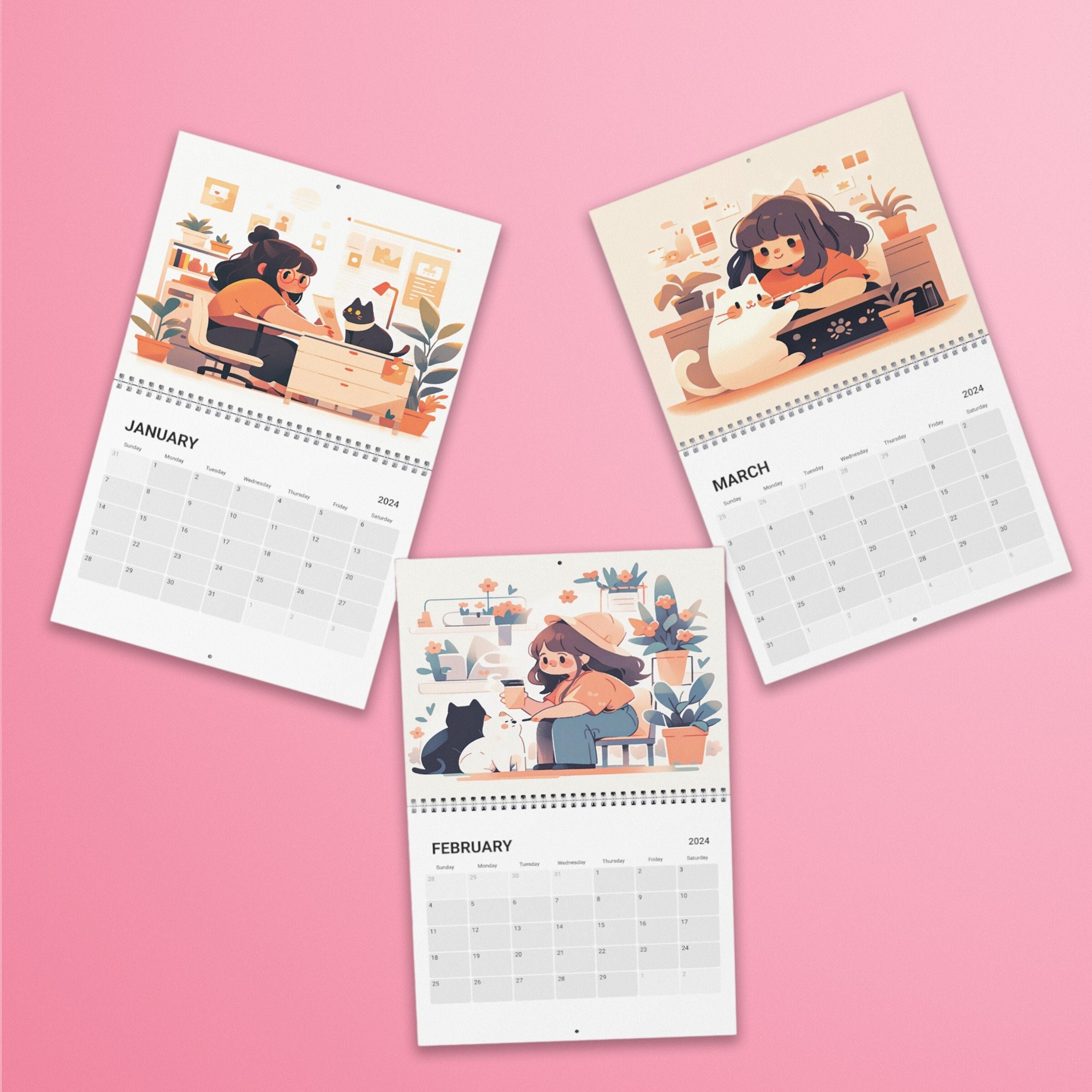 Kawaii Girl and Cat Diary Calendar 2024 | Kawaii Calendar 2024 sold by ...