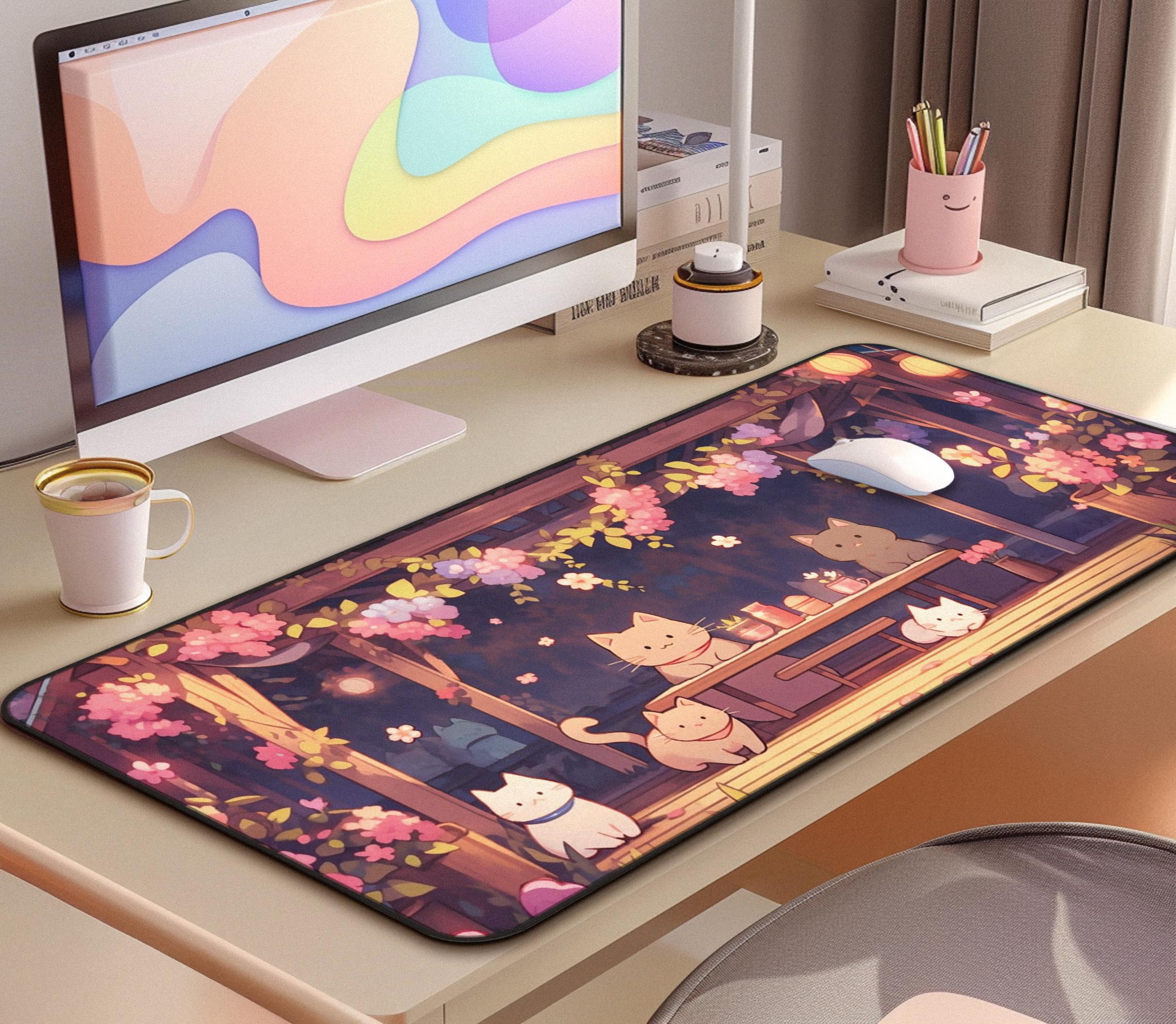 Kawaii Night Party Desk Mat, Cute Cat Mouse Pad With Dark Floral Garden ...