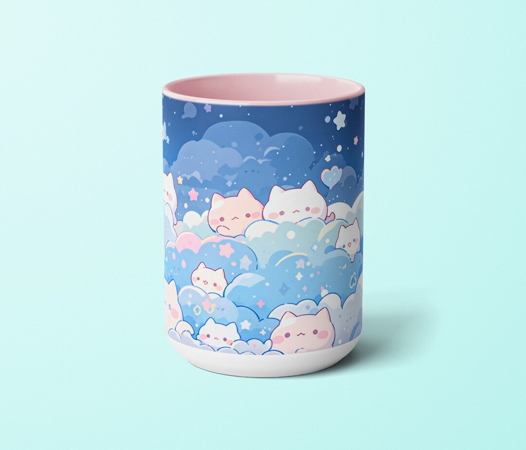 Kawaii Dreamy Cat Mug Cute Mug Aesthetic Cute Pastel Mug Cute Chibi Cat ...
