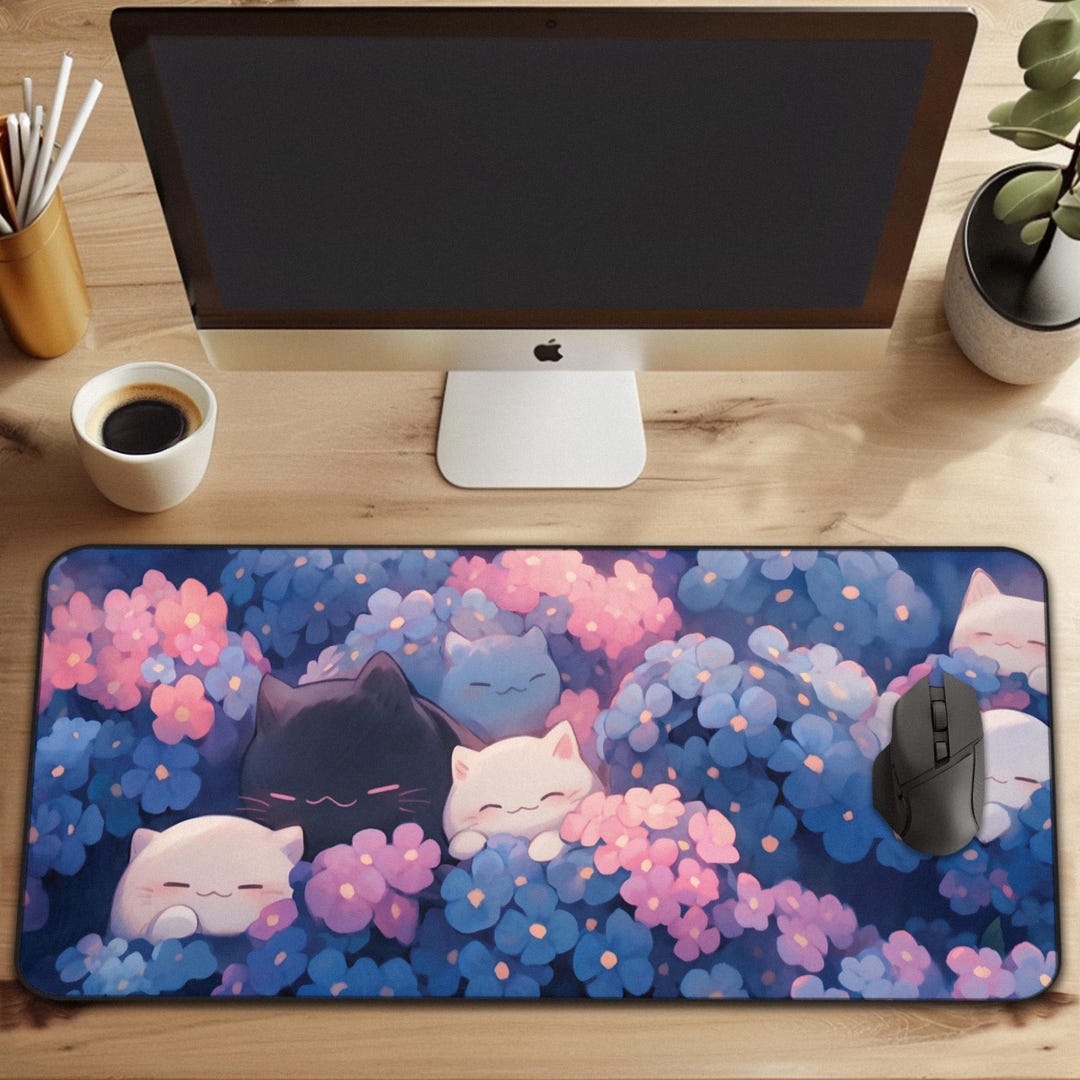 Kawaii Hydrangea Cat Desk Mat, Cute Large Mouse Pad, Floral Desk Mat ...