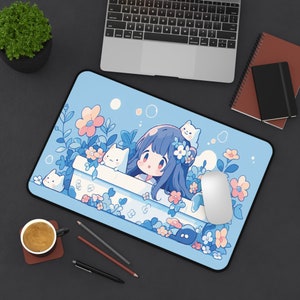 Kawaii Chibi Girl Desk Mat, Desk Mat Cute, Blue Mouse Pad Desk Mat ...