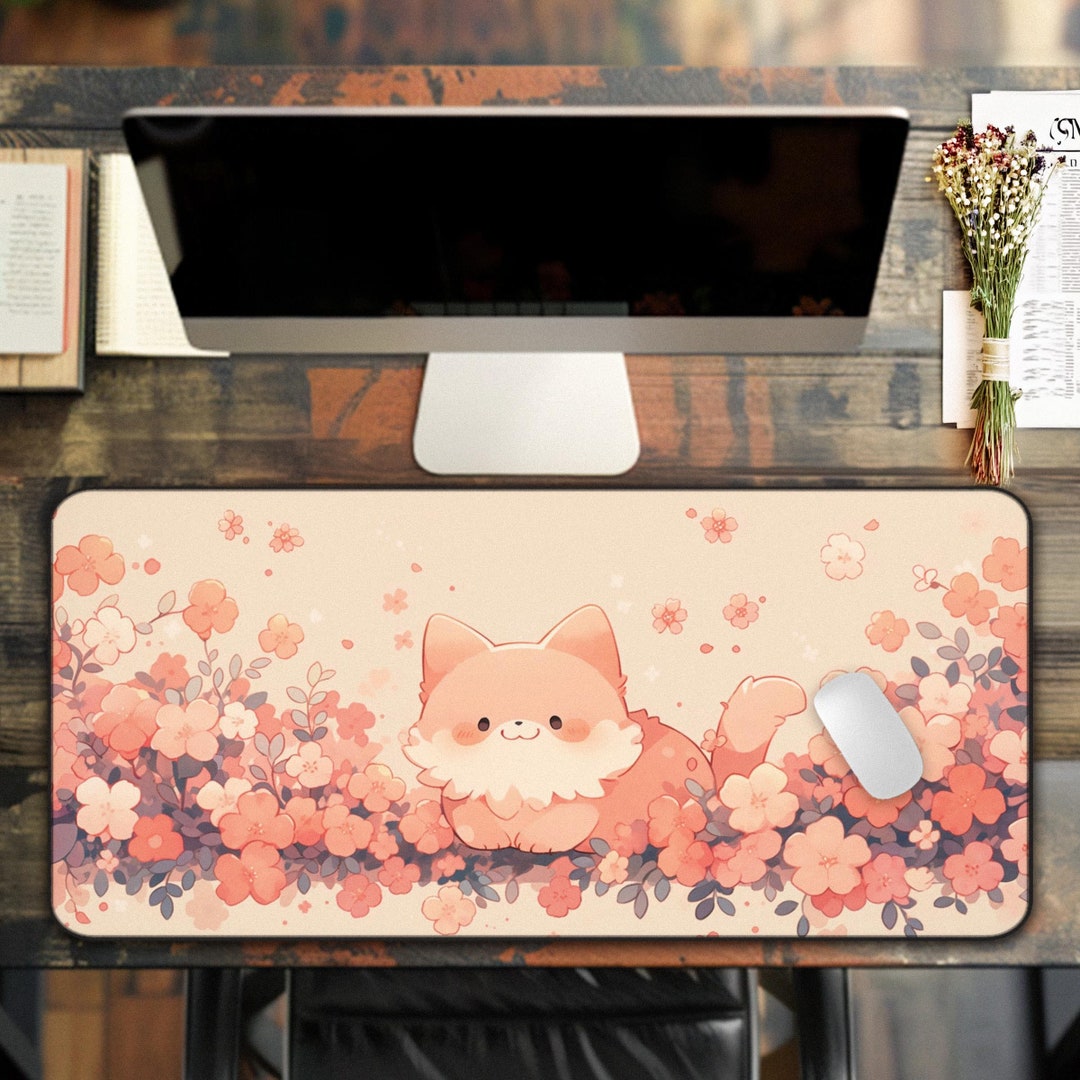 Kawaii Cat & Cherry Blossom Desk Mat – Cute Floral Mouse Pad, Large ...