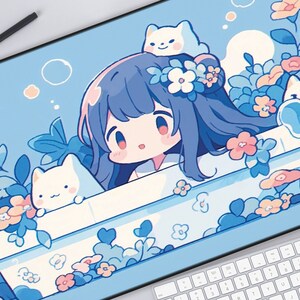 Kawaii Chibi Girl Desk Mat, Desk Mat Cute, Blue Mouse Pad Desk Mat ...