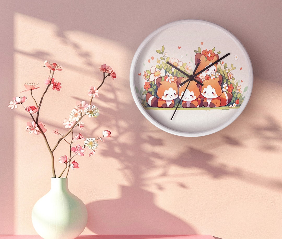 Kawaii Red Panda Wall Clock – Cute Silent Round Clock With Spring Scene ...