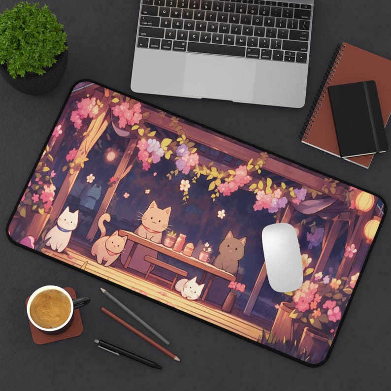 Kawaii Night Party Desk Mat, Cute Cat Mouse Pad With Dark Floral Garden ...
