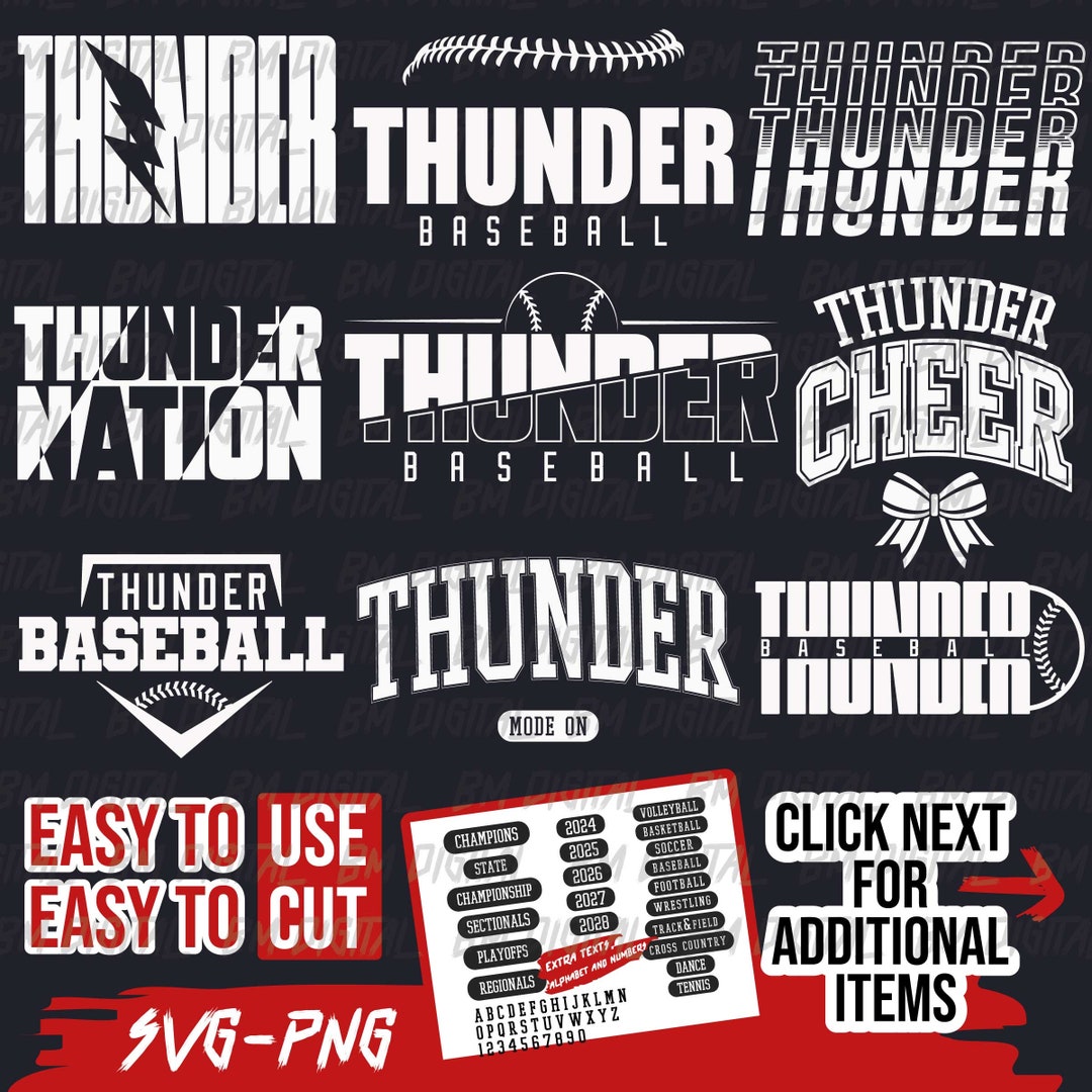 Thunder Baseball Bundle, 9x SVG and 18x PNG File , School Team Svg ...