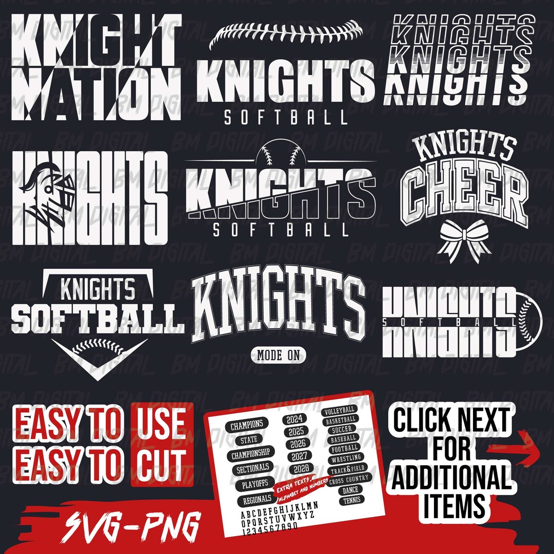 Knights Softball Bundle, 9x SVG and PNG File , School Team Svg, Knights ...
