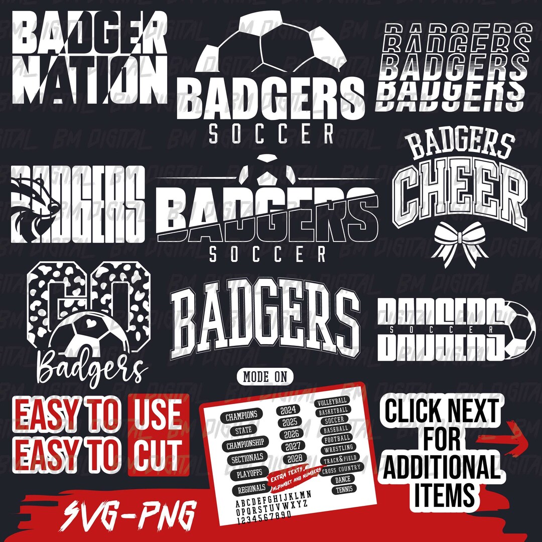 Badgers Soccer Bundle, 9x SVG and 18x PNG File , School Team Svg ...