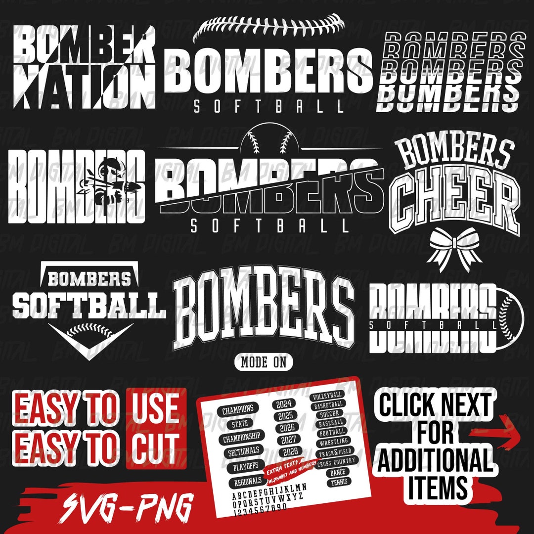 Bombers Softball Bundle, 9x SVG and 18x PNG File, School Team Svg ...