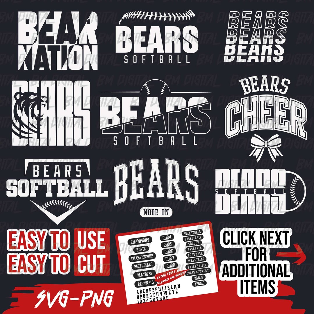 Bears Softball Bundle, 9x SVG and 18x PNG File , School Team Svg, Bears ...