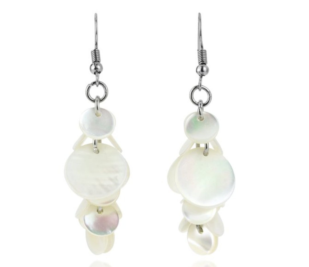 Ocean Round Clusters of White Kabibe Seashell Dangle Handmade Earrings ...