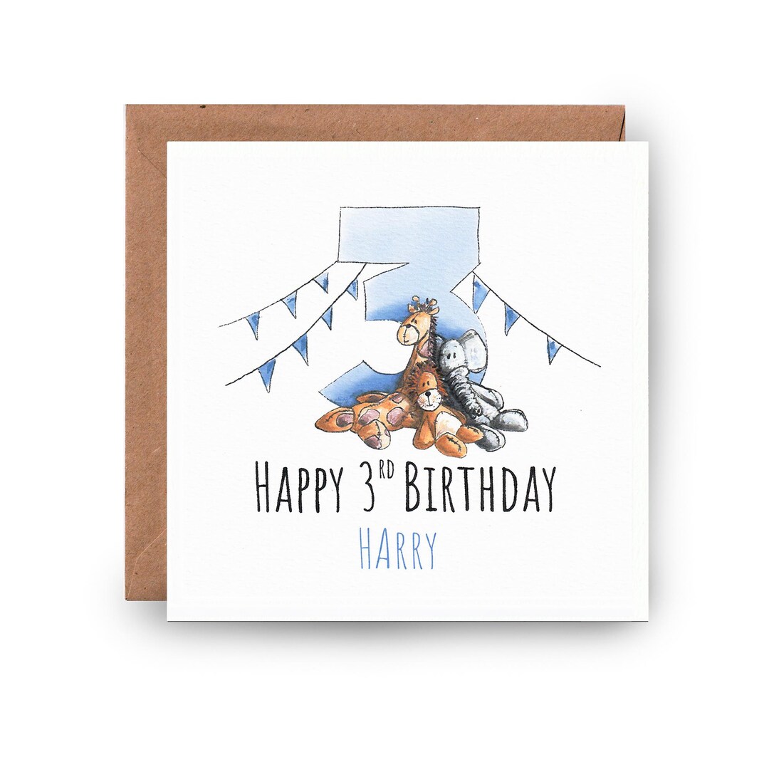 3rd Birthday Card, Third Birthday Card, Blue 3 Card, Personalised Third ...