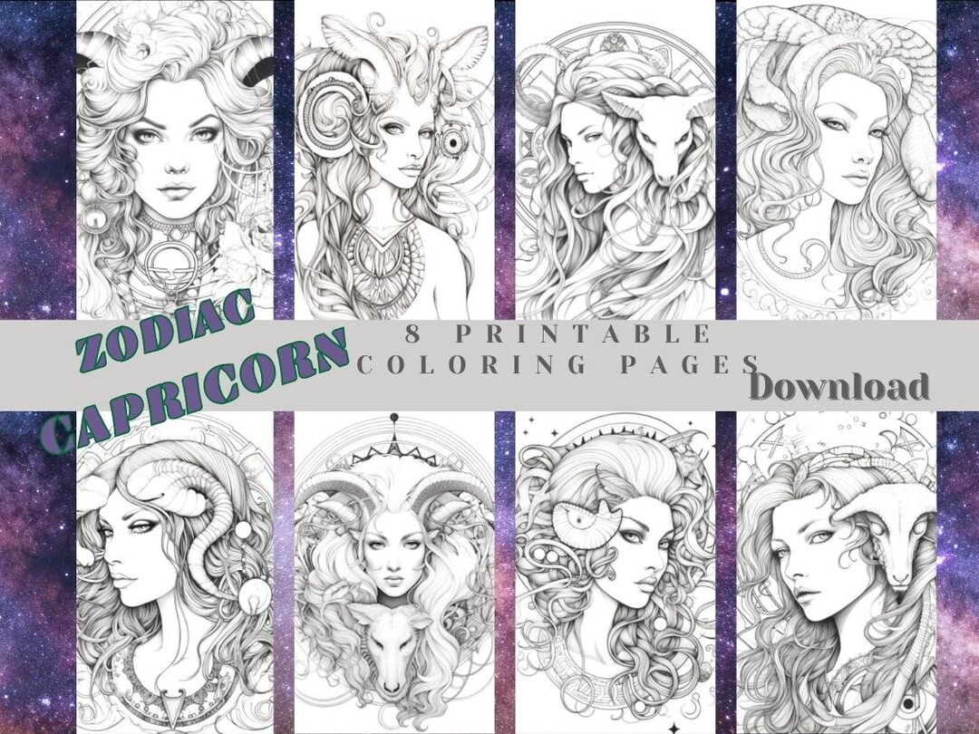 Zodiac Sign Capricorn 8 Printable Coloring Pages for Adults and Teen ...