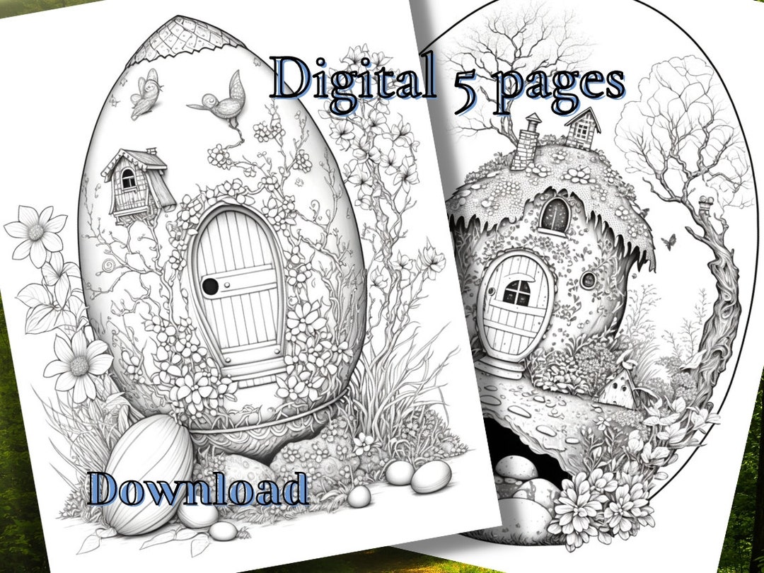 Magical Easter Egg Fairy Houses, Set of 5 Coloring Pages, Adults and ...