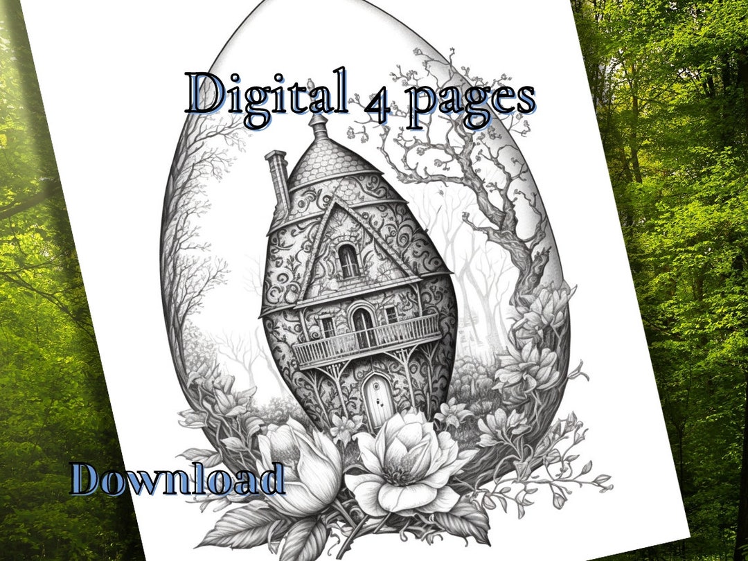 Magical Easter Egg Fairy Houses, Set of 4 Coloring Pages, Adults and ...