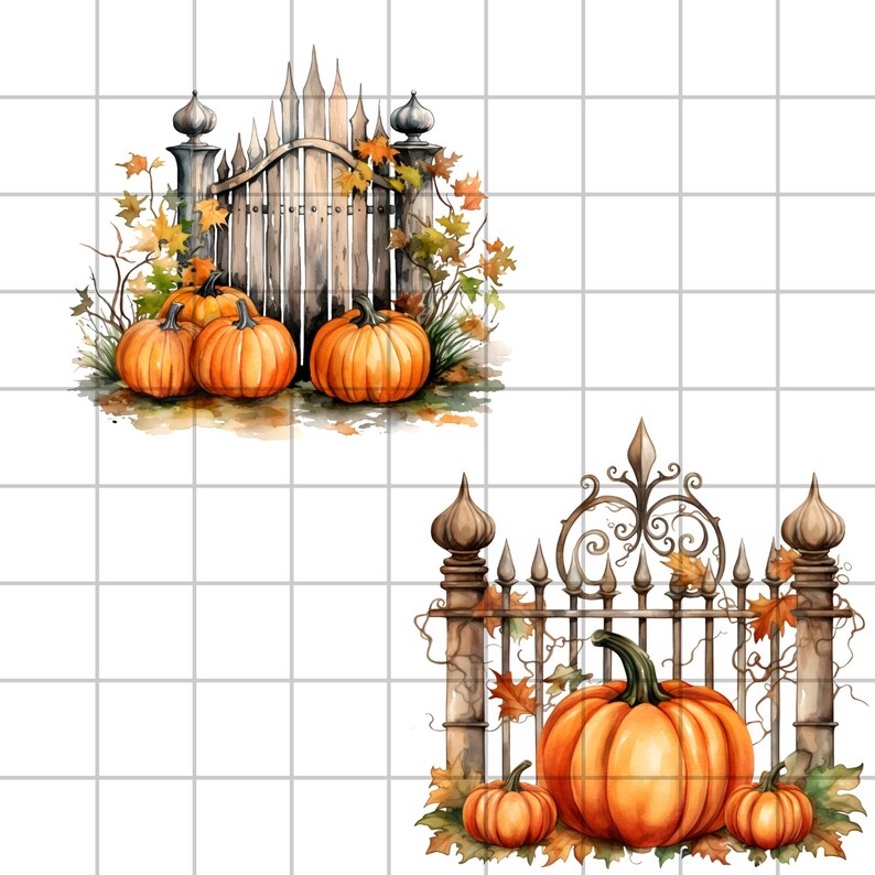 Watercolor Halloween Pumpkin Fence Clipart, Fall Landscape, Fence ...