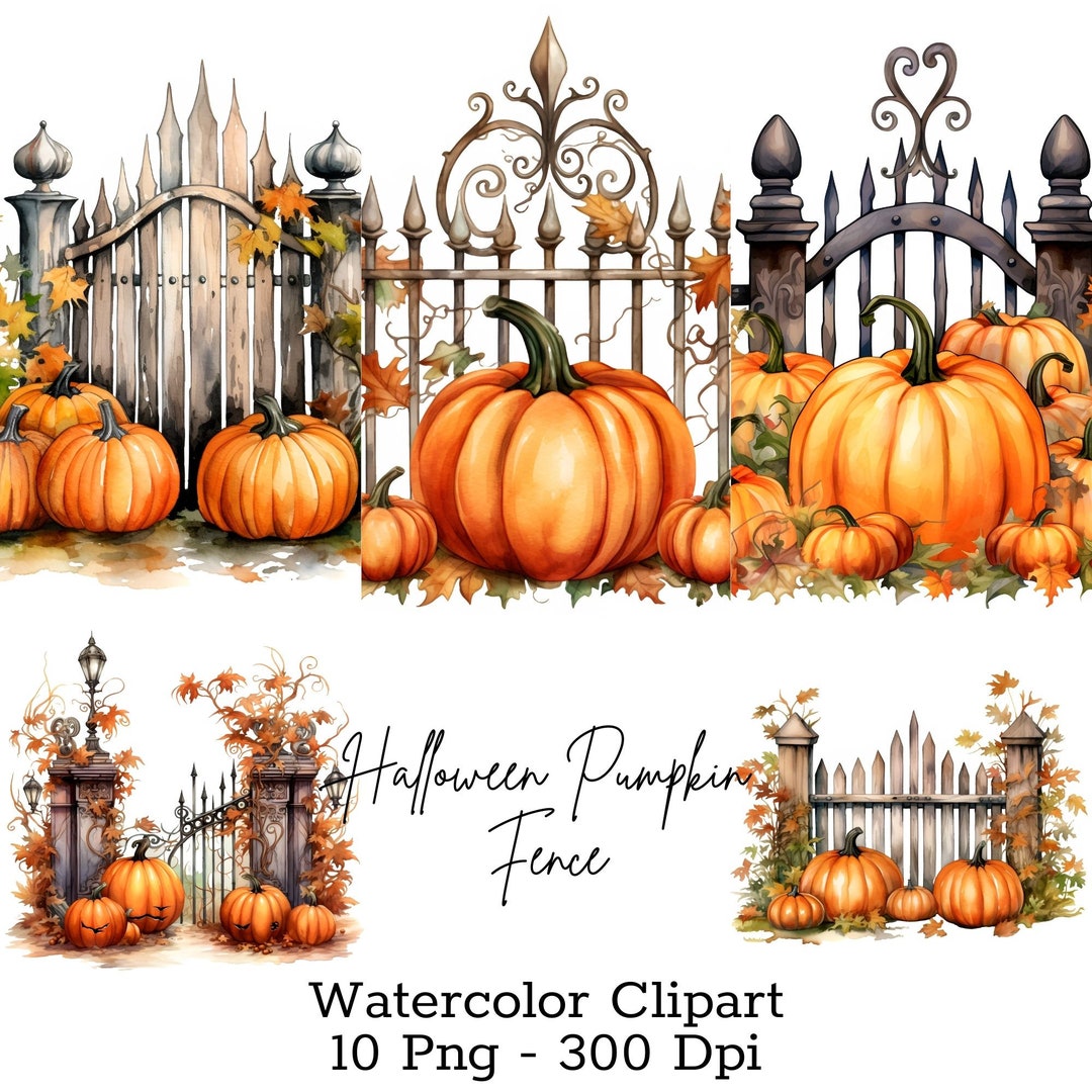 Watercolor Halloween Pumpkin Fence Clipart, Fall Landscape, Fence ...