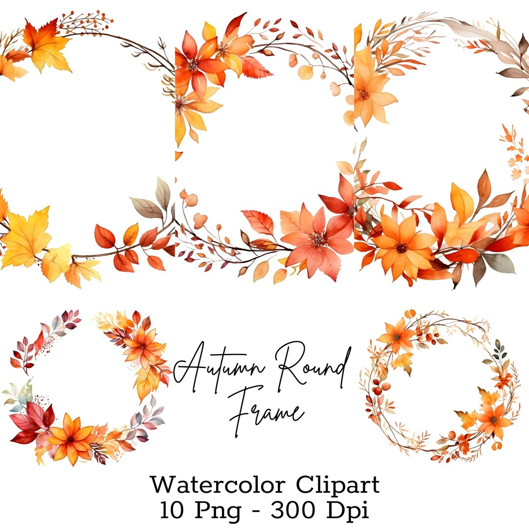 Autumn Round Frame Watercolor Clipart, Fall Circle Border, Baroque ...