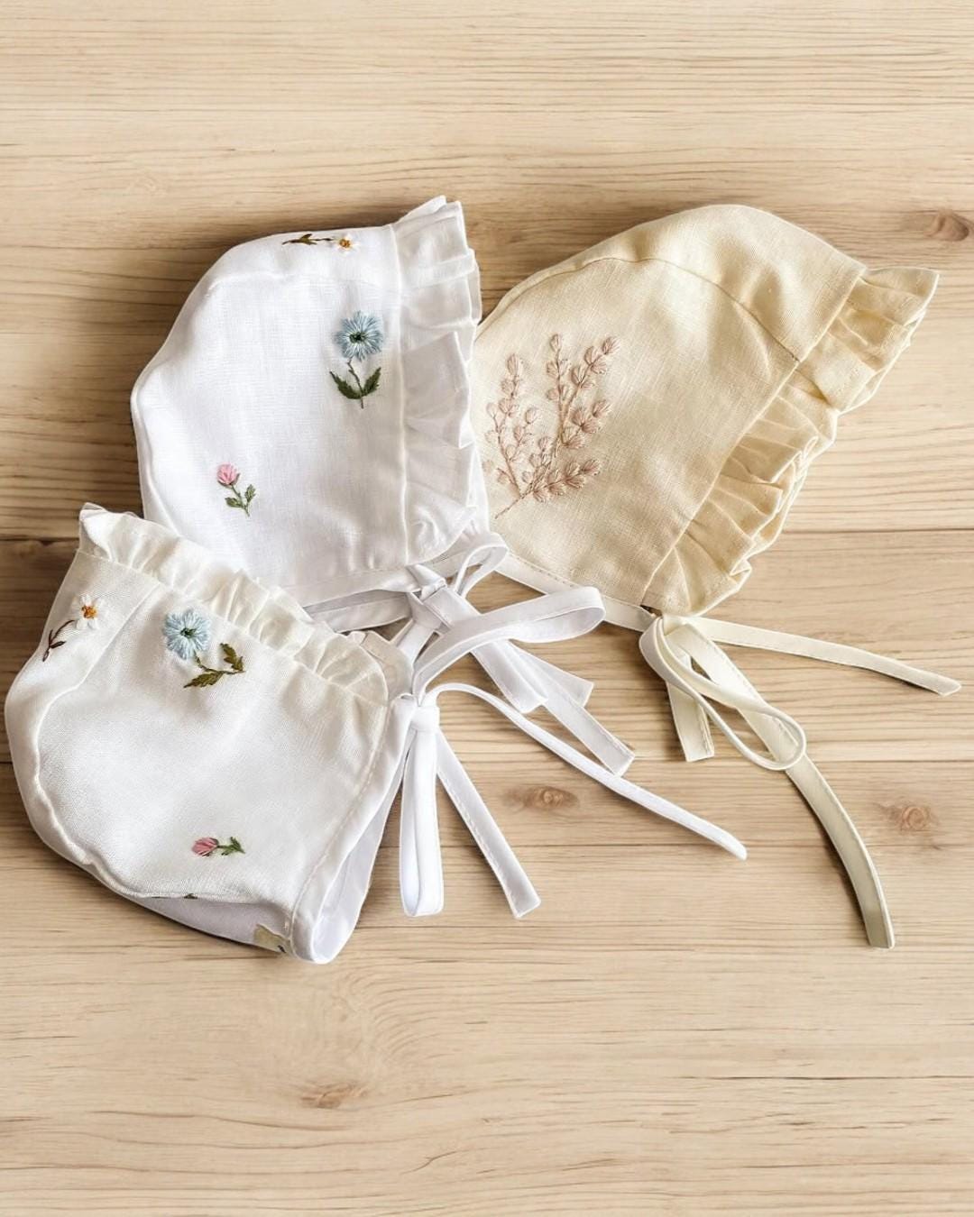 Vintage Flowers Embroidered Linen Baby Bonnet, Linen Bonnet for ...