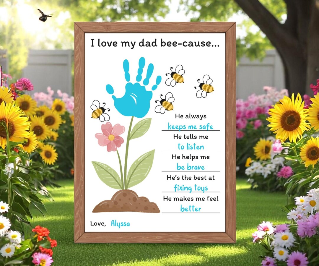 I Love My Dad Bee-cause Handprint Framed Sign, Father’s Day Kids Gift ...