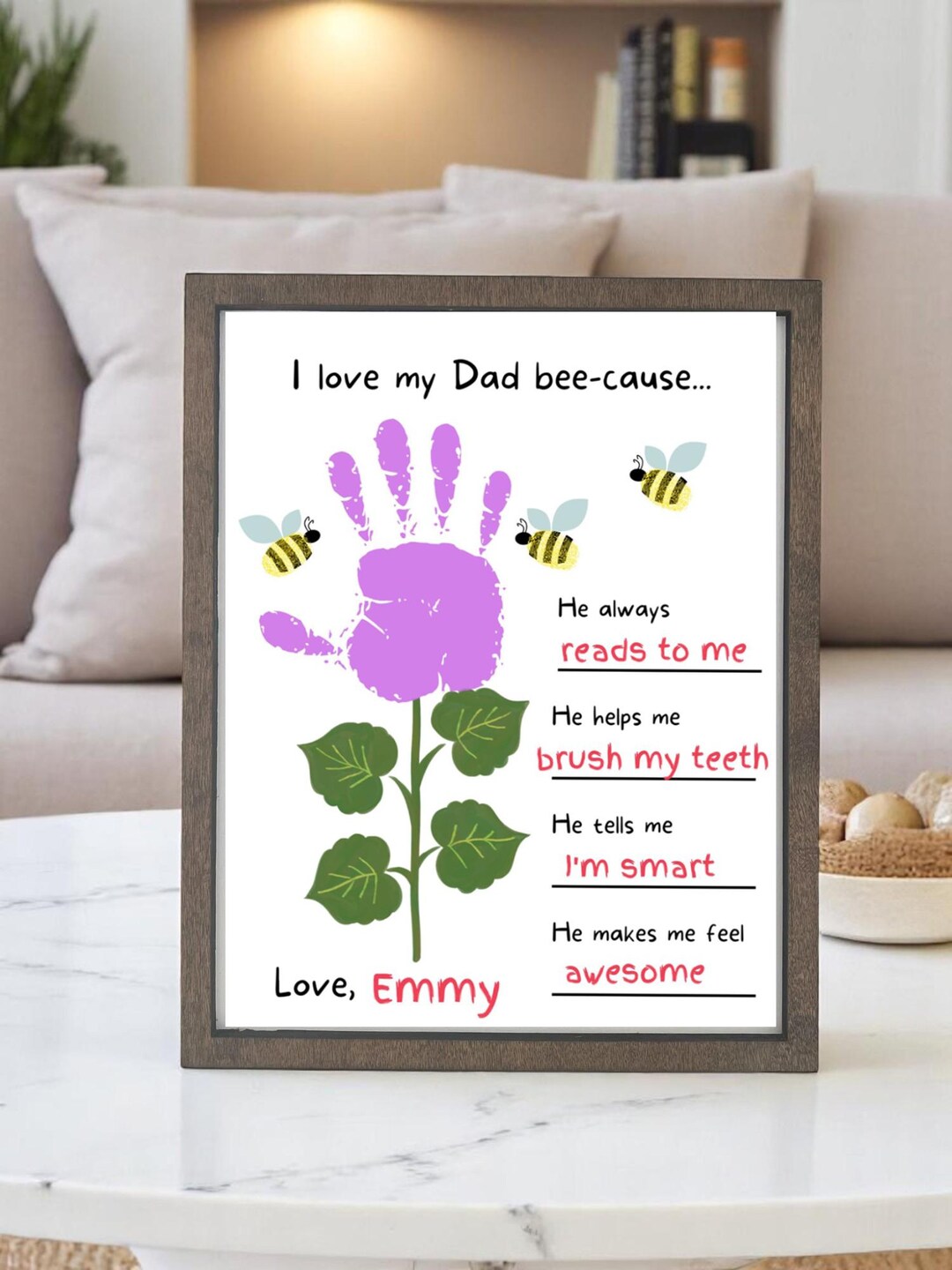 I Love My Dad Bee-cause Handprint Sign With Wooden Frame, Father’s Day ...