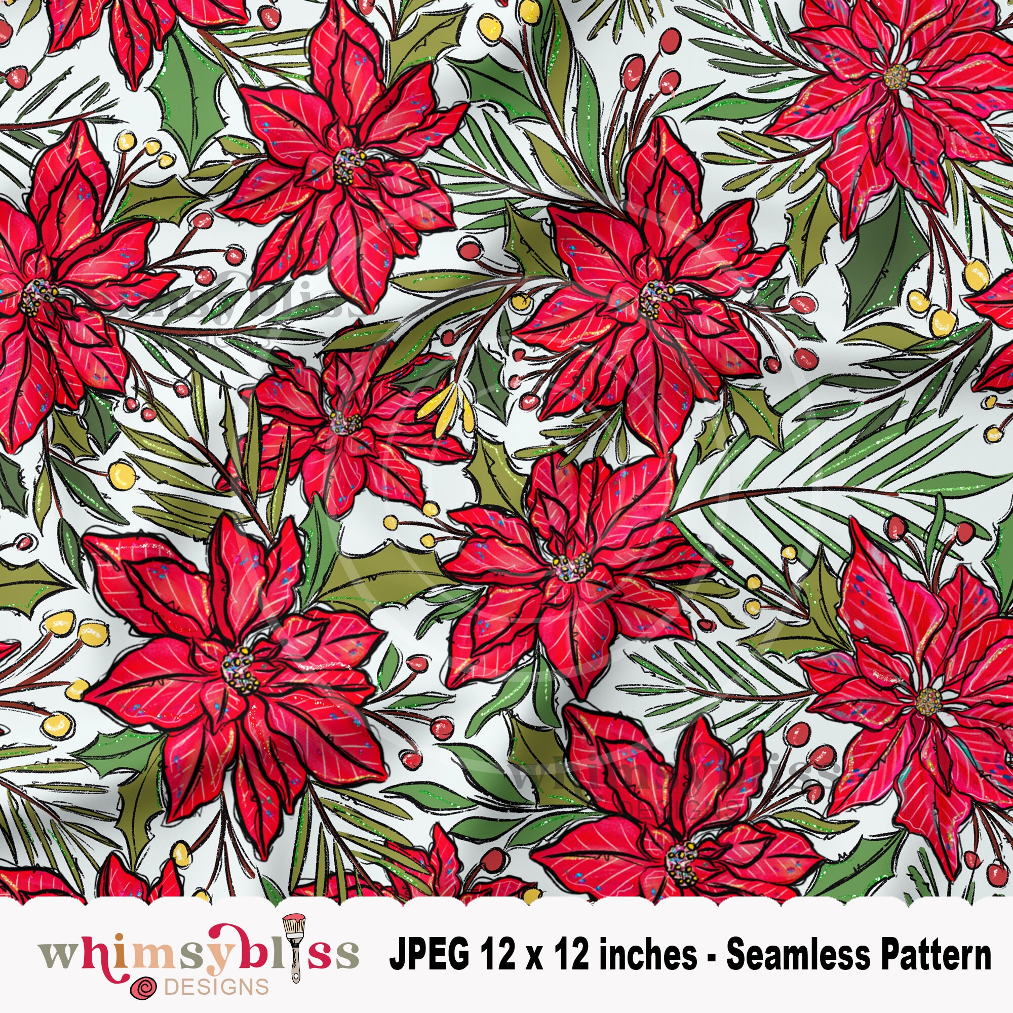 Christmas Poinsettia Seamless Pattern JPEG File Digital Download Only ...