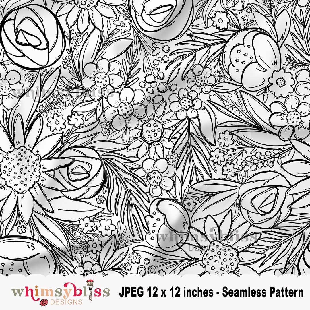 Floral Wild Flower Line Art Seamless Pattern, JPEG File, Digital Paper ...