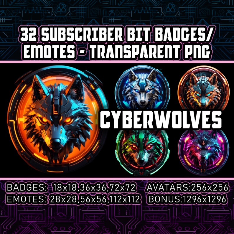 Cyberpunk Wolves Twitch Kick Sub Bit Badges for Streamers, Vtuber ...