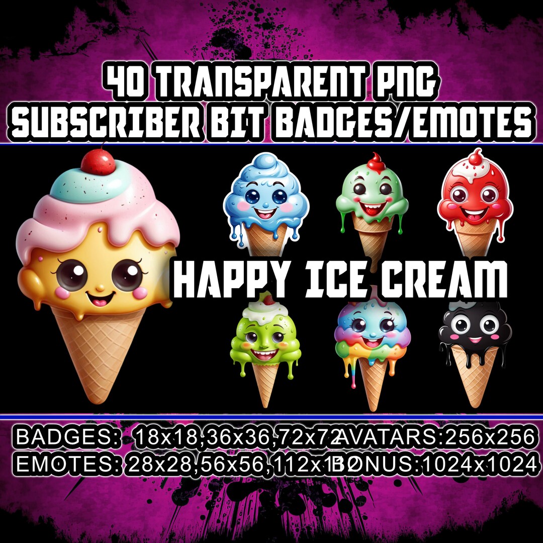 Happy Ice Cream Twitch Kick Sub Bit Badges for Streamers,vtubers,40 ...