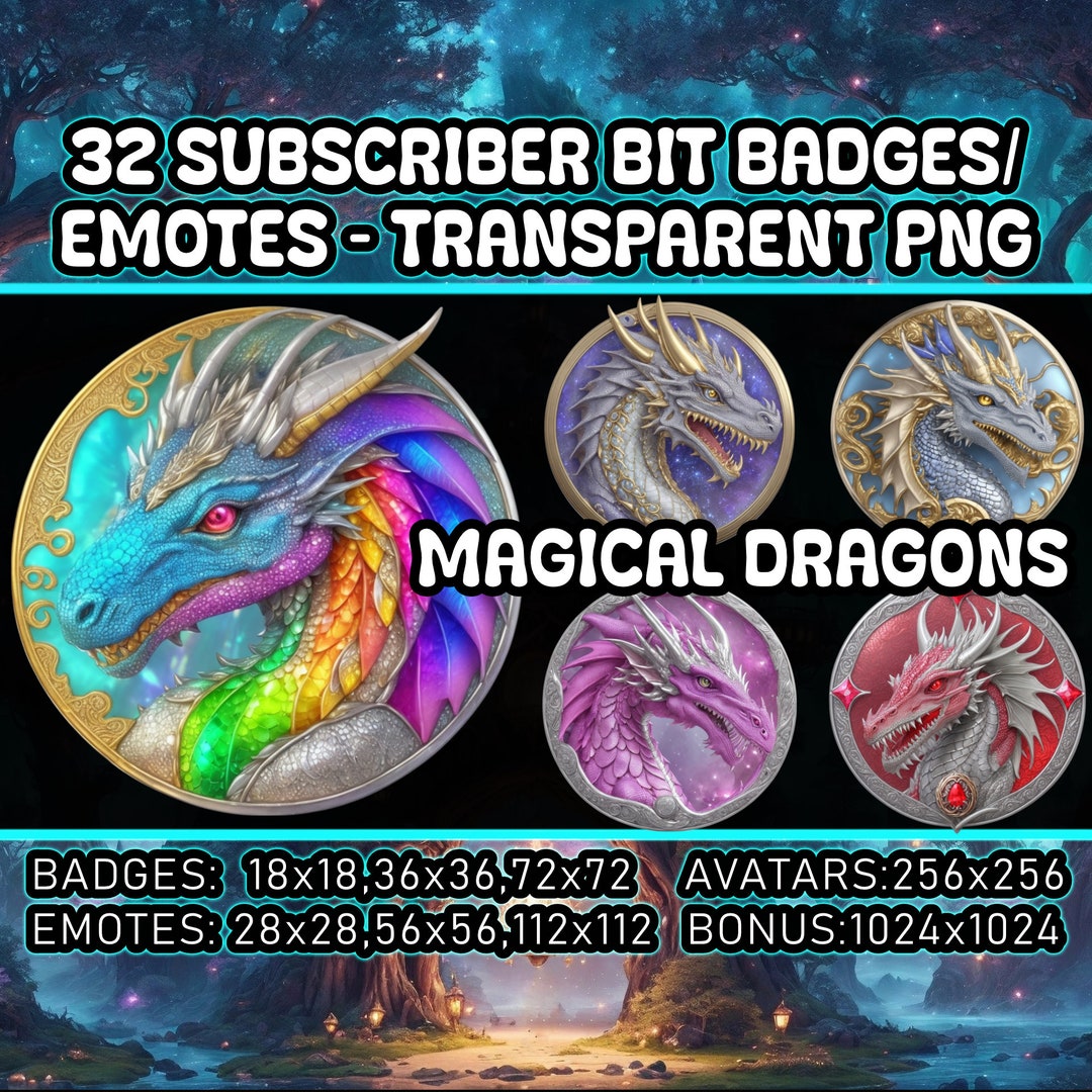 Magical Dragon Emotes 32 Transparent PNG Twitch Sub Bit Badges for ...