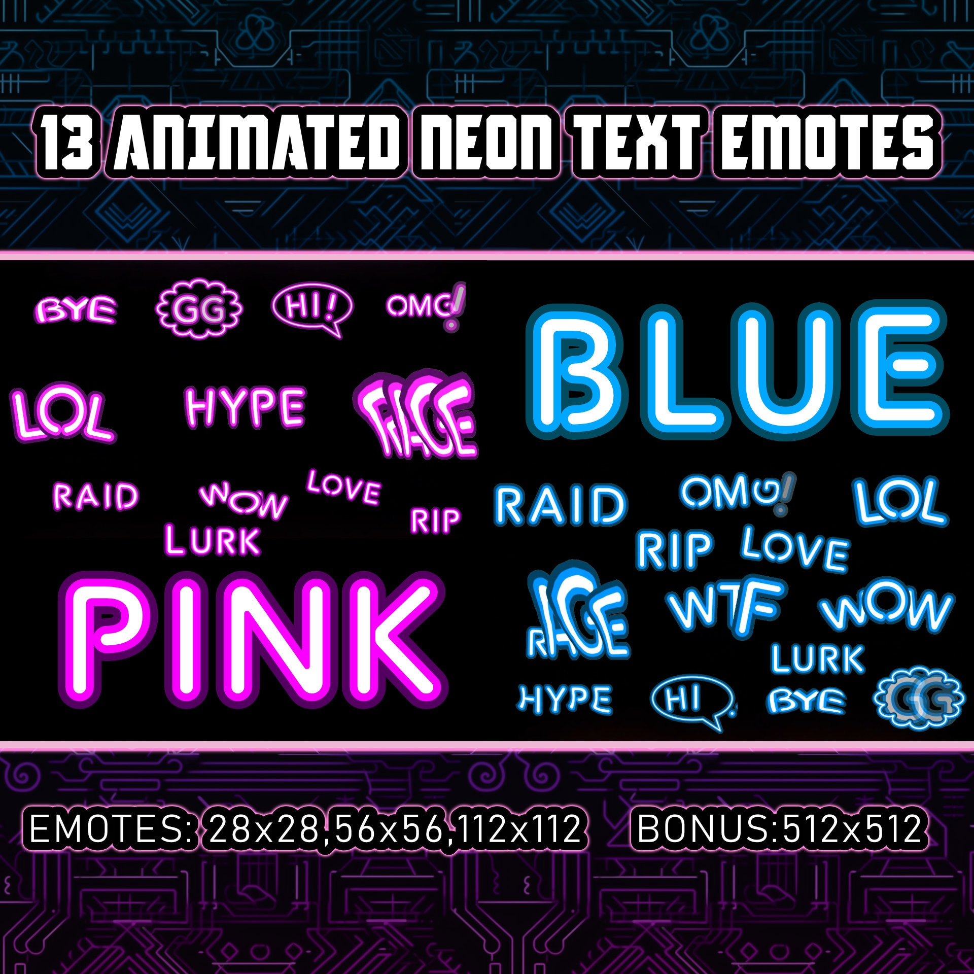13 Animated Neon Text Twitch Emotes,pink+blue:gg,rage,raid,wtf,wow,hype ...