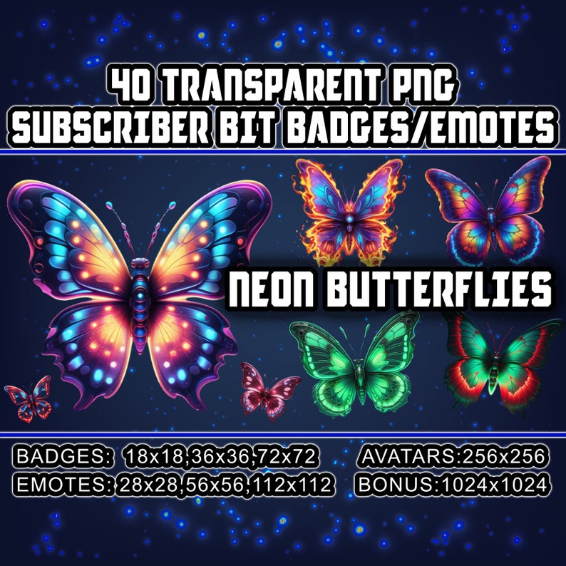 Neon Butterfly Emote Twitch Kick Sub and Bit Badges for Streamers ...