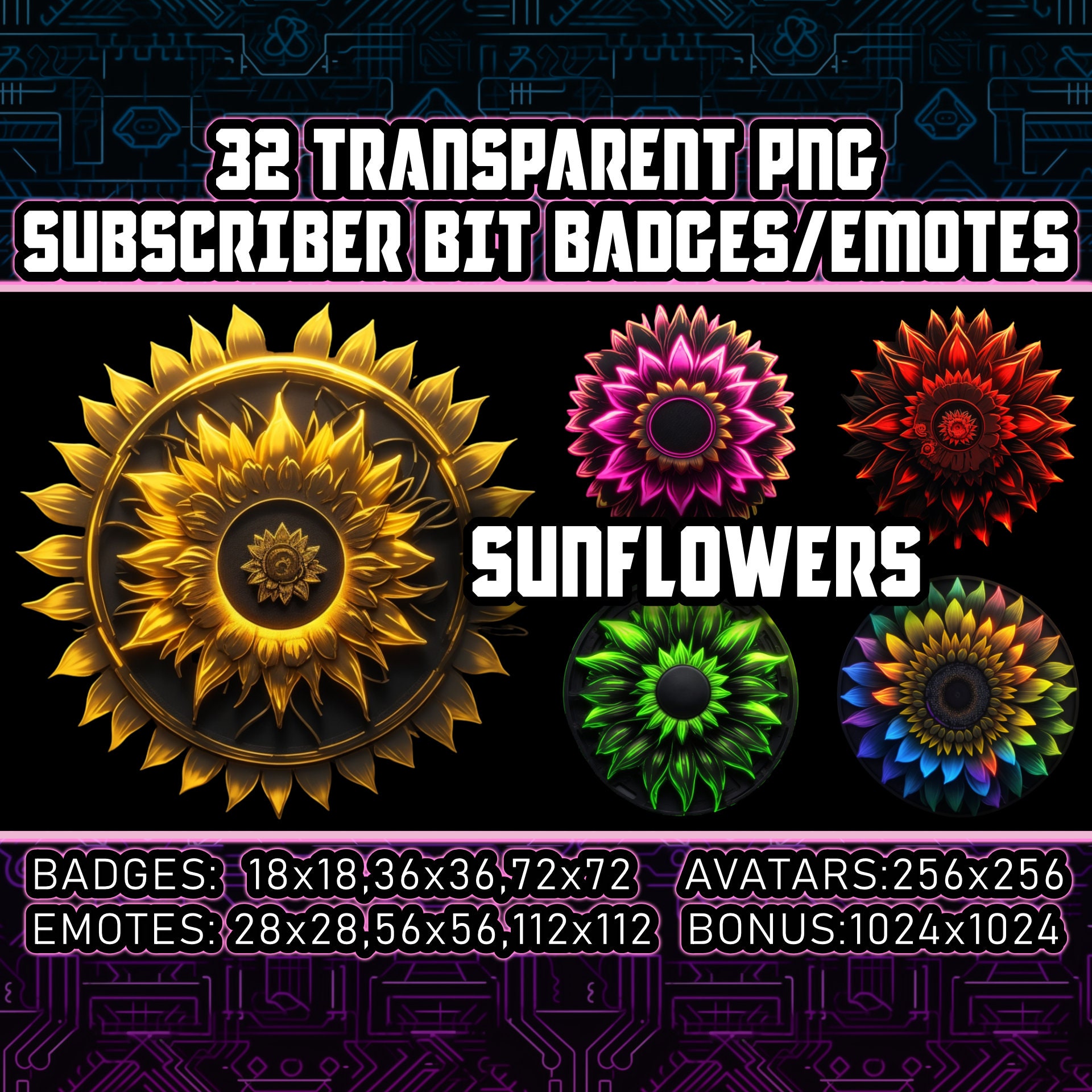 Cyberpunk Sunflower Twitch Sub and Bit Badges for Streamers,vtubers ...