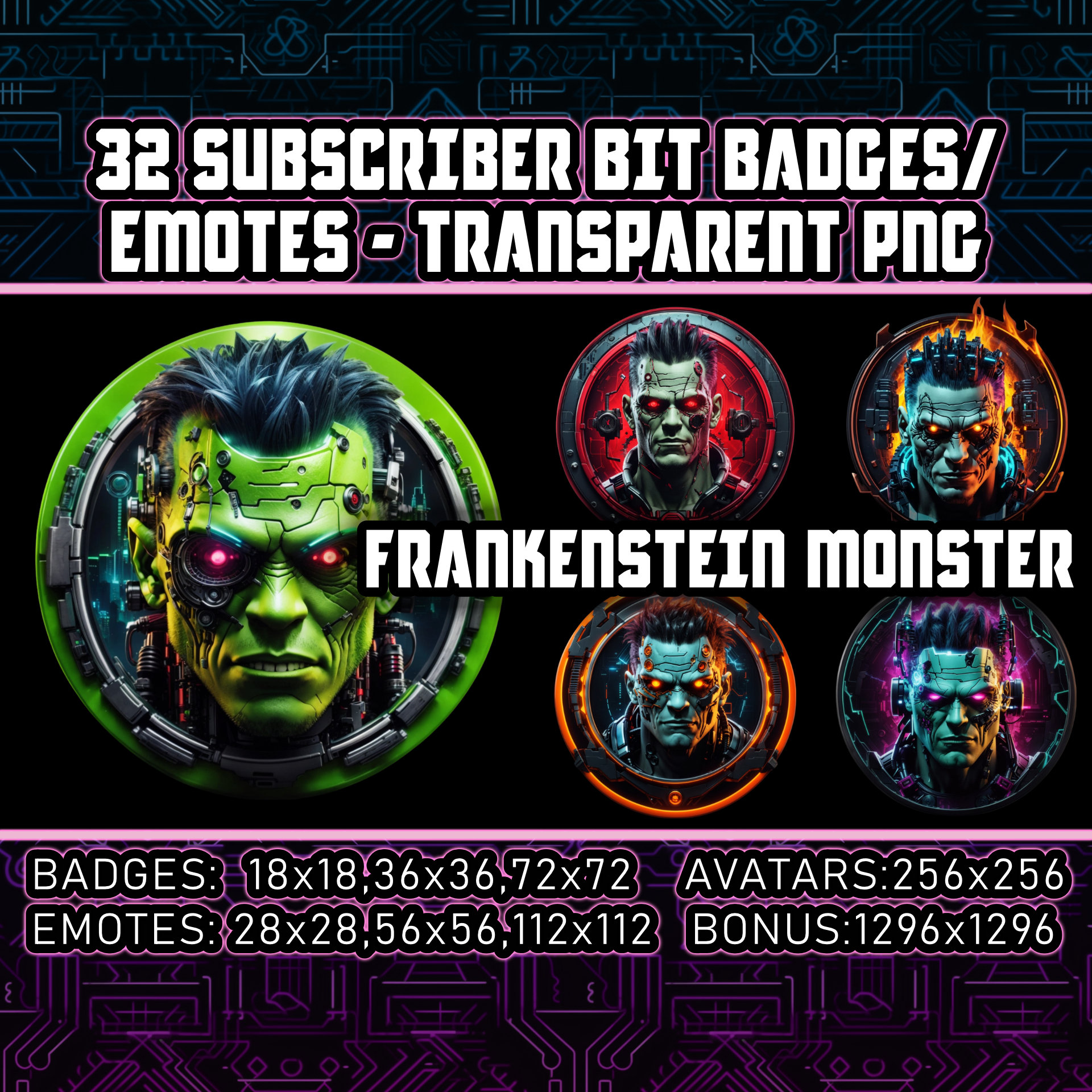 32 Cyberpunk Frankenstein Twitch Sub Bit Badges for Streamers,vtubers ...