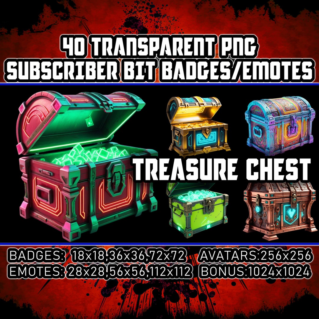 Neon Treasure Chest Twitch Kick Sub Bit Badges for Streamers,vtuber, 40 ...
