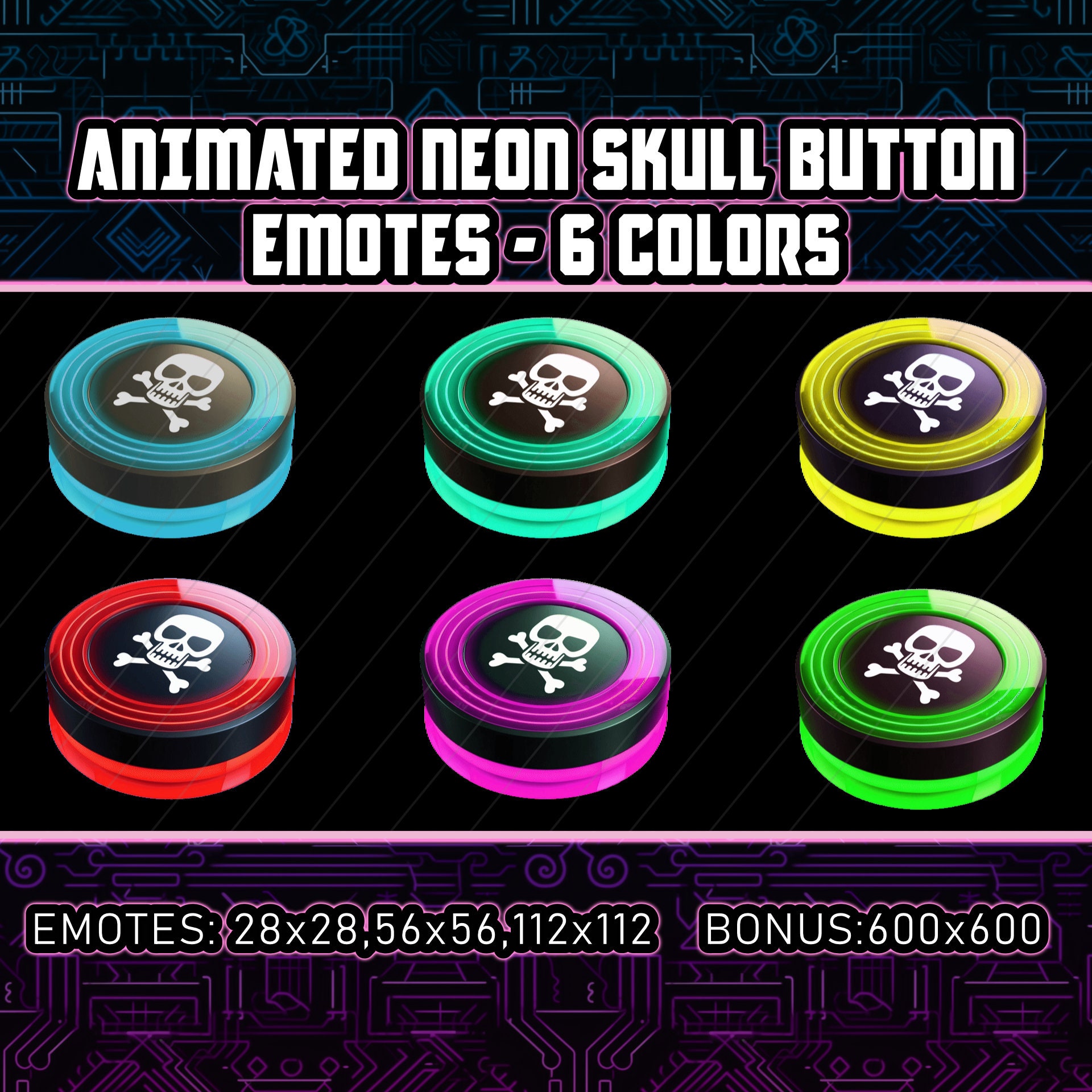 Animated Neon Skull Button Twitch Emotes, 6 Colors, 28x28,56x56,112x112 ...