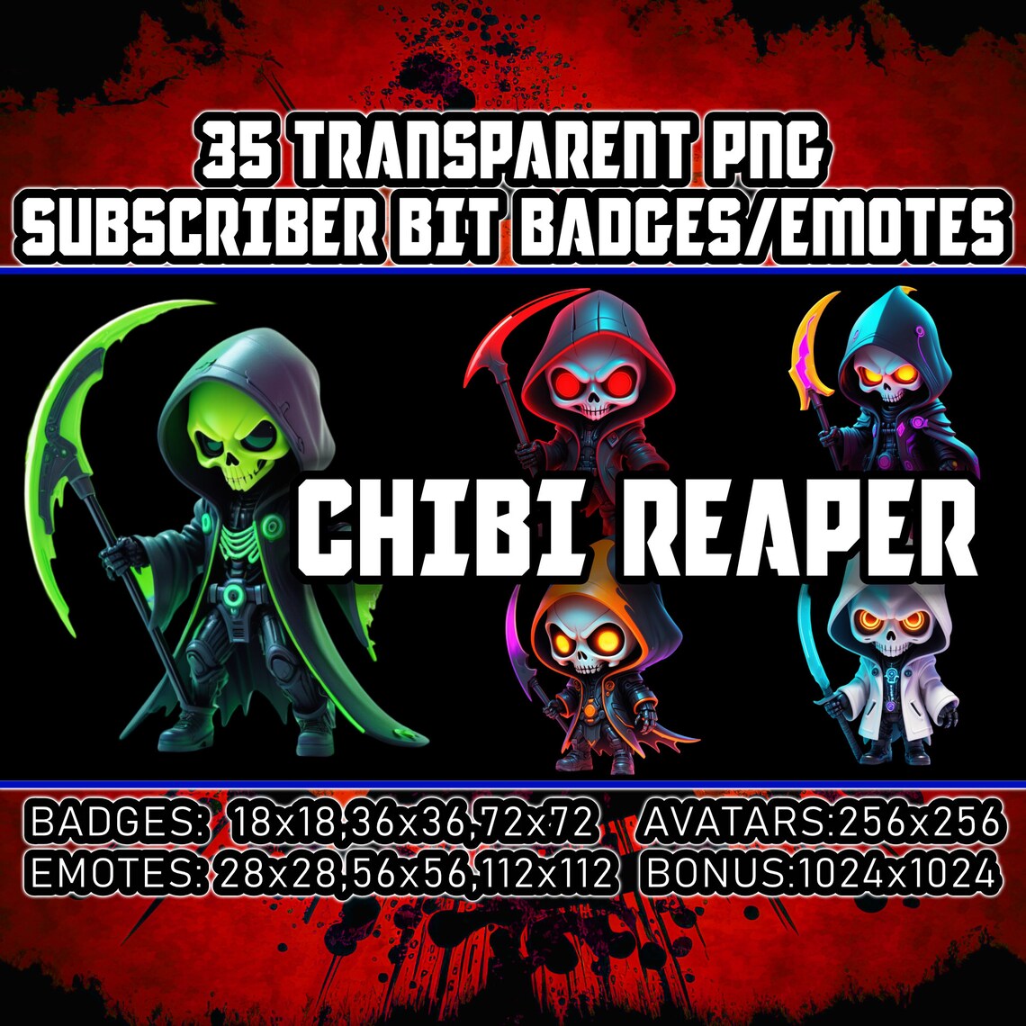 Cyberpunk Chibi Grim Reaper Twitch Kick Sub Badges and Bit Badges for ...