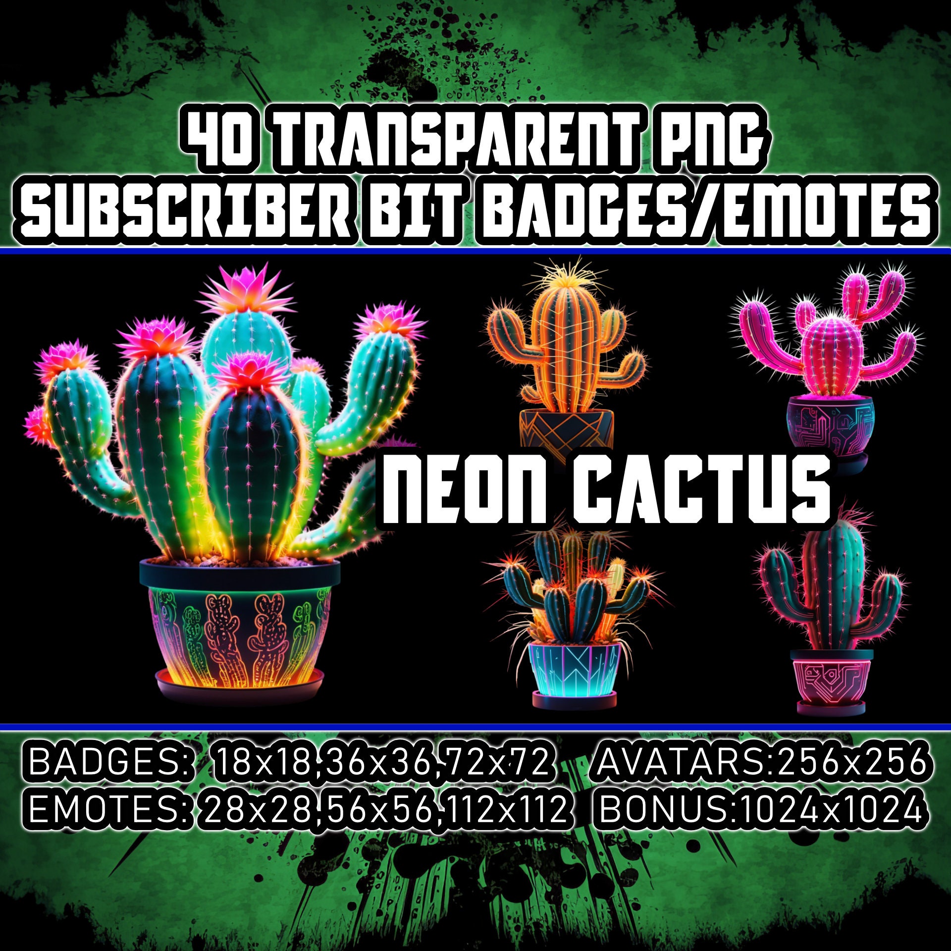 Neon Cactus Twitch Sub Bit Badges for Streamers,vtubers,40 Glowing Cyberpunk Transparent Png ...