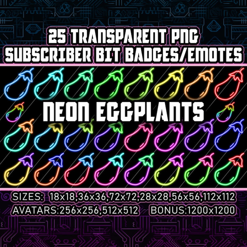 Neon Eggplants Twitch/kick Sub Bit Badges for Streamers,vtubers, 25 ...