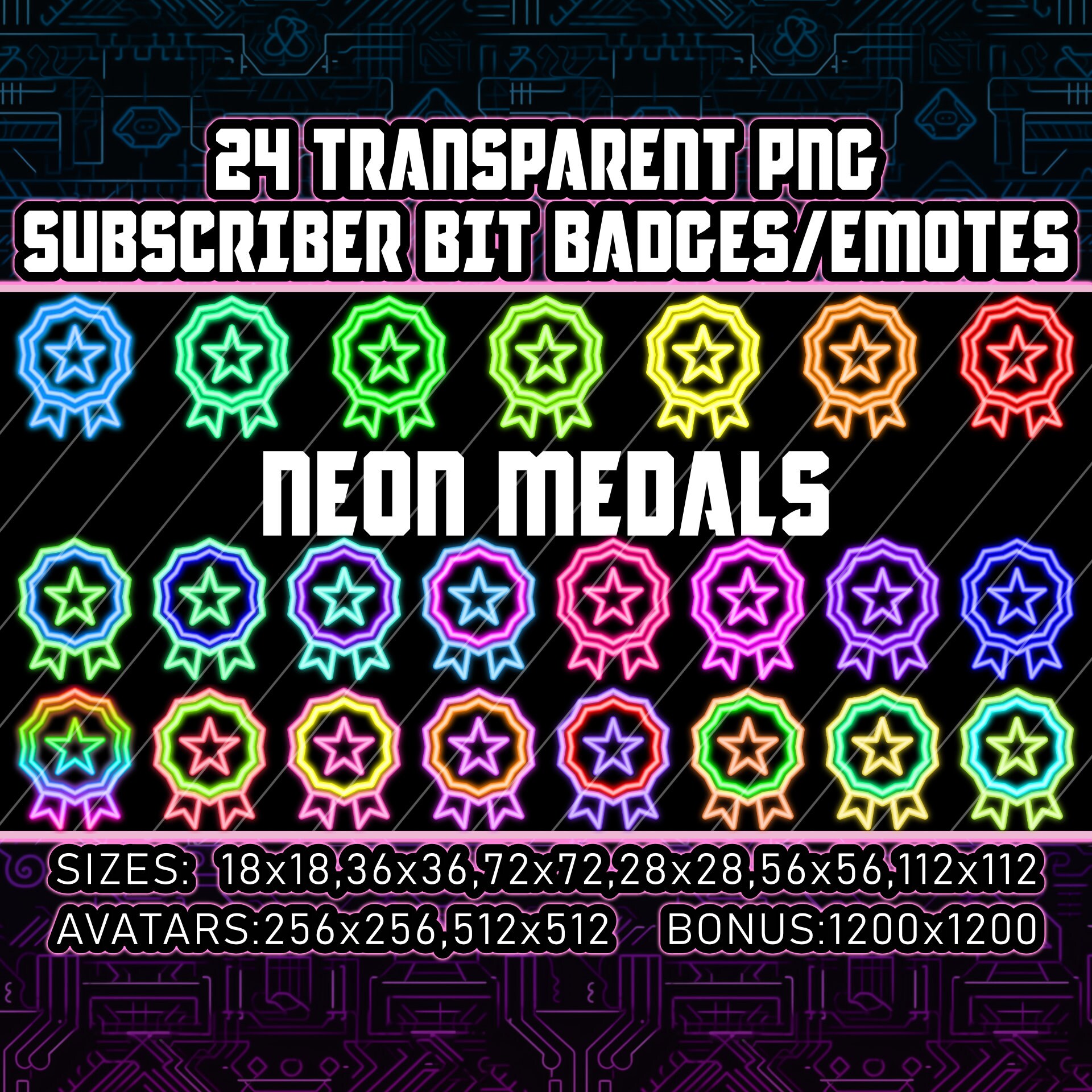Neon Medals Twitch/kick Sub Bit Badges for Streamers,vtubers, 24 ...