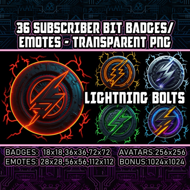 36 Neon Lightning Bolts Twitch Kick Sub Bit Badges for Streamers ...
