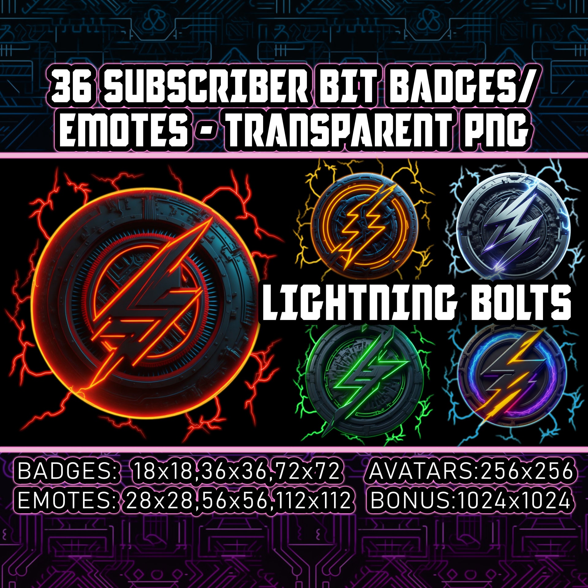 36 Neon Lightning Bolts Twitch Kick Sub Bit Badges for Streamers ...