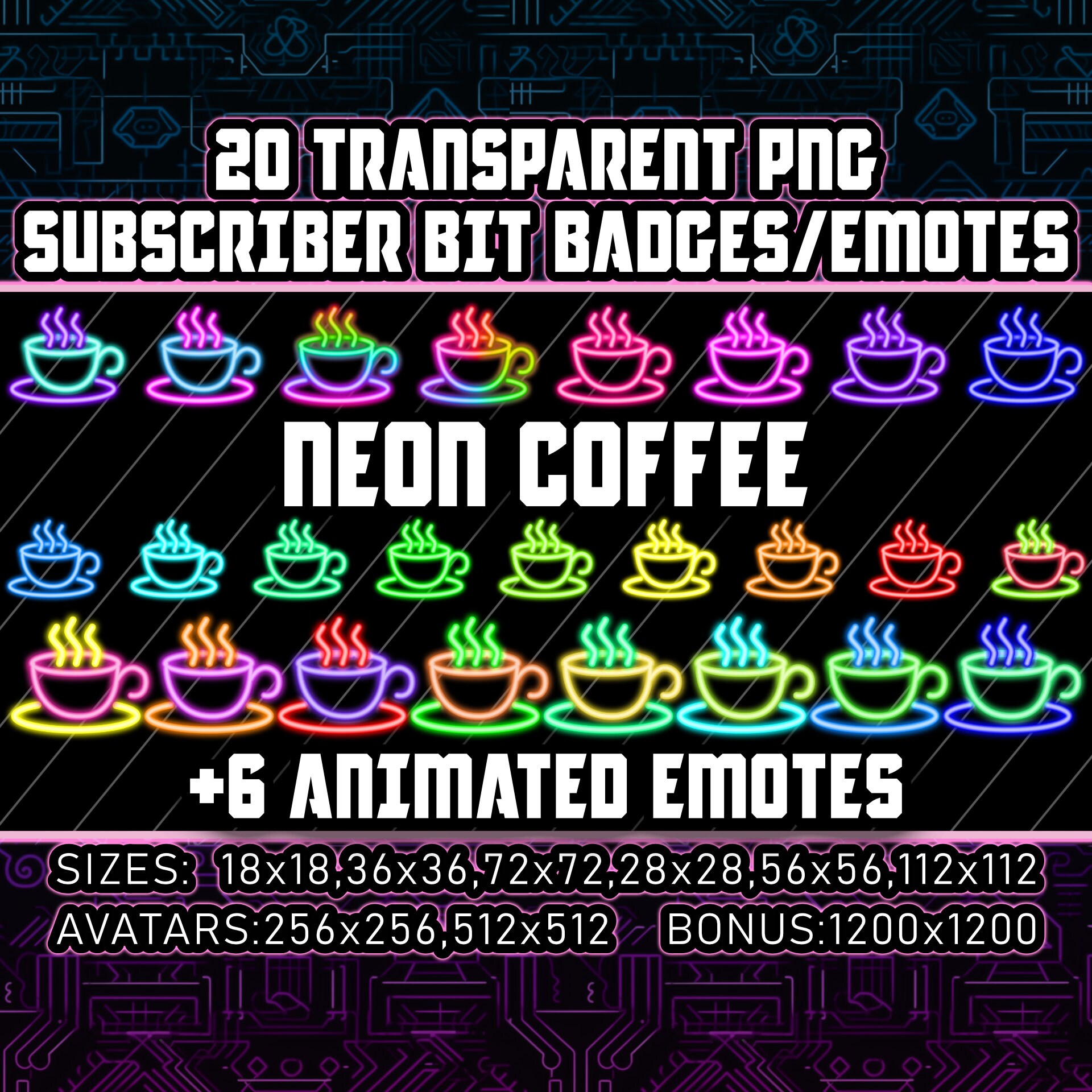 Neon Coffee Cups Twitch/kick Sub Bit Badges for Streamers,vtubers,20 ...