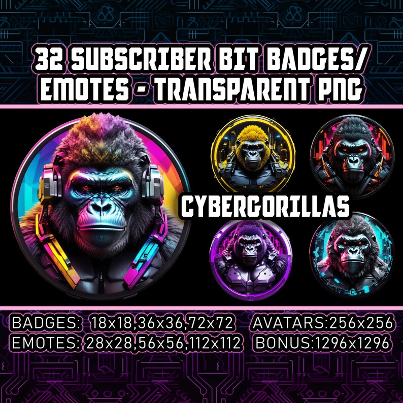 Cyberpunk Gorillas Twitch Sub Bit Badges for Streamers, Vtuber ,animal Lovers 32 Transparent Png ...