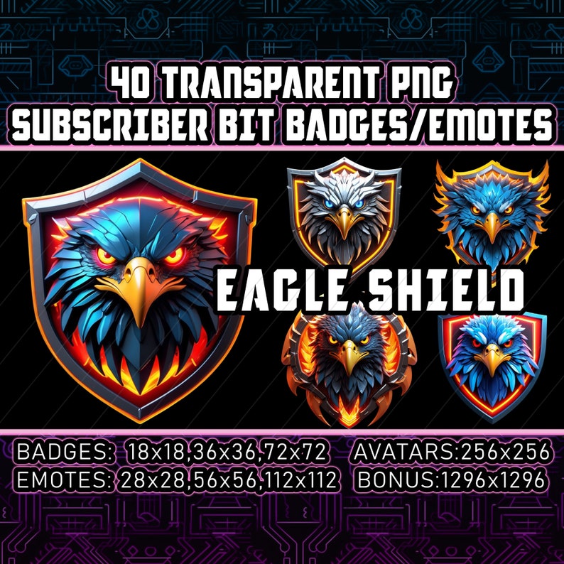 Cyberpunk Angry Eagle Shield Twitch Kick Sub Bit Badges 4 Streamers ...