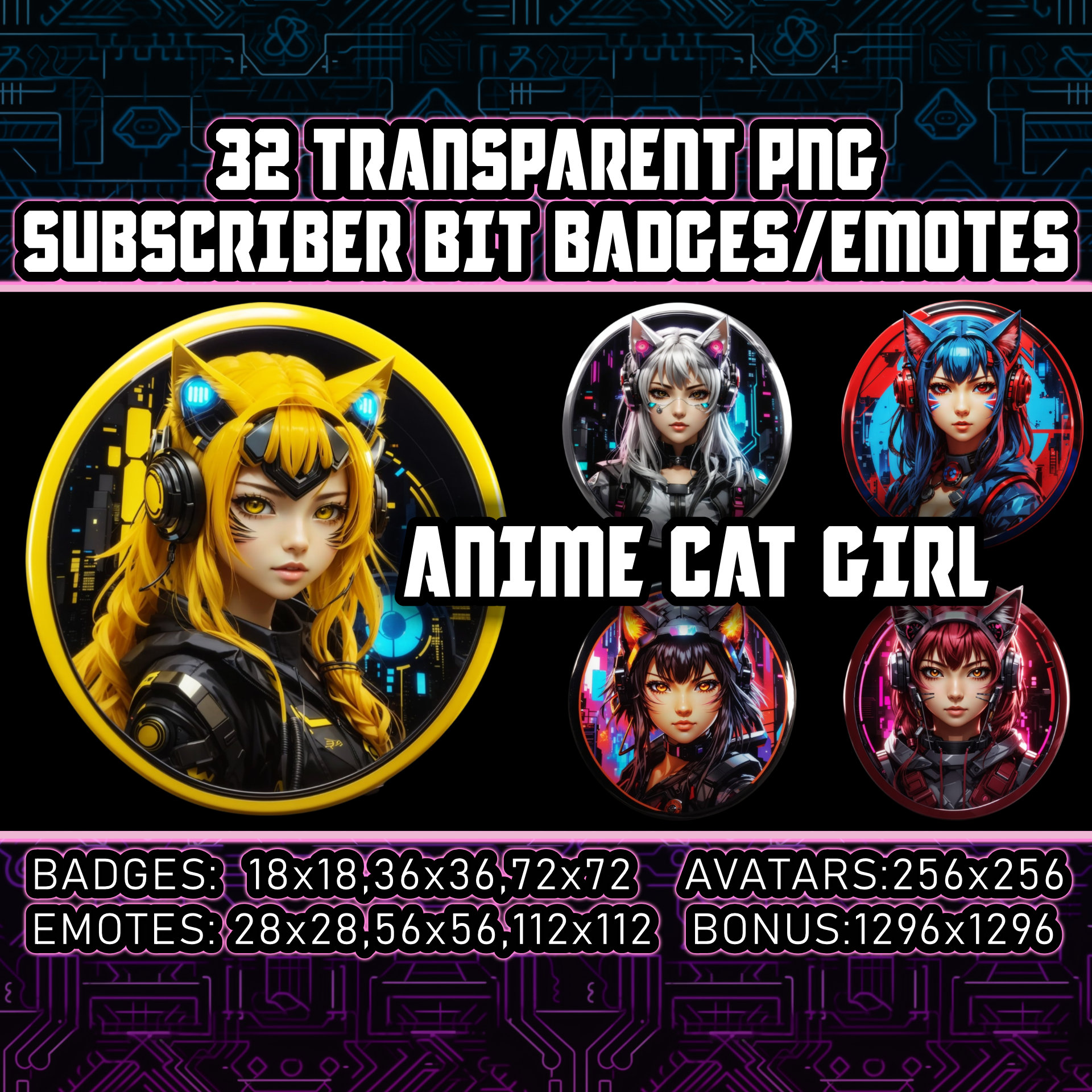 Cyberpunk Anime Cat Girl Twitch Sub Bit Badges for Streamers, Vtuber ...